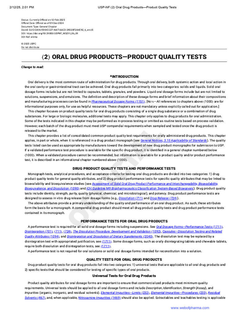 Oral Drug Product Quality Tests | PDF | Tablet (Pharmacy ...