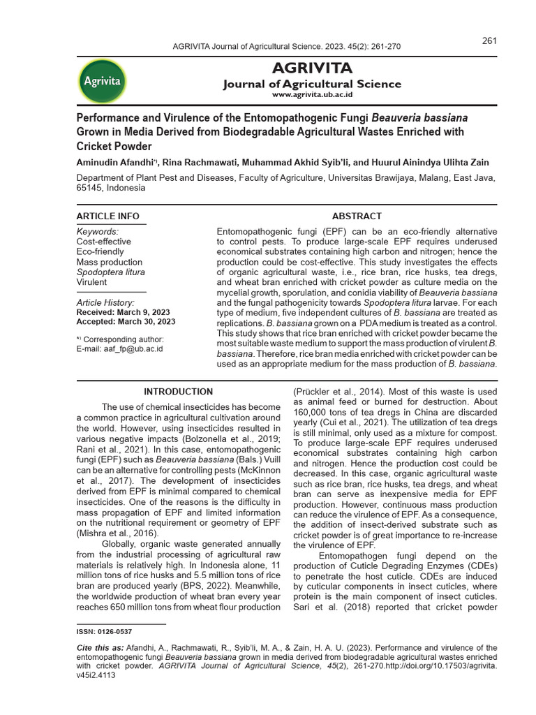 Performance and Virulence of The Entomopathogenic | PDF | Fungus | Rice