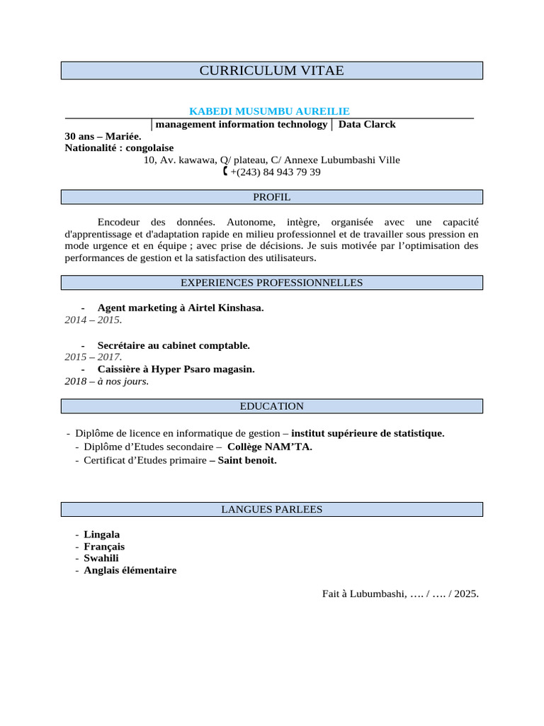 CV de Kabedi Musumbu Aureilie | PDF
