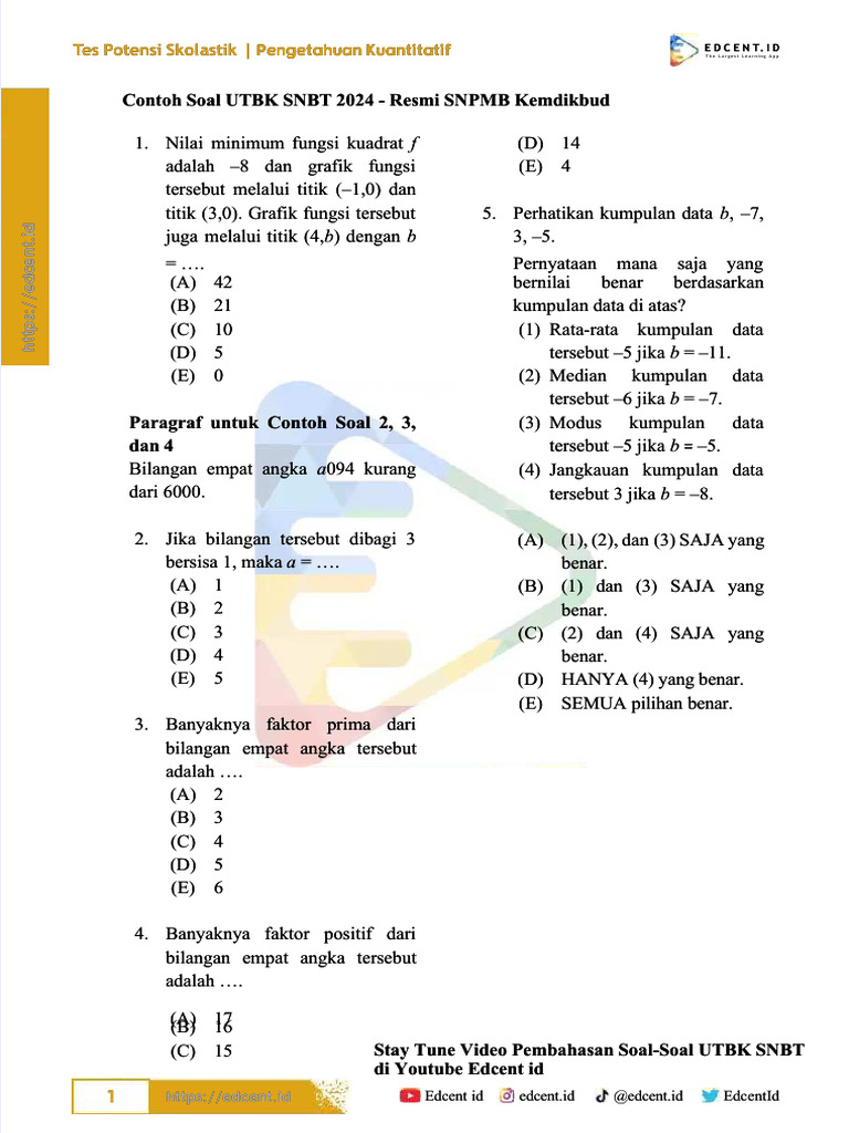 PDF Pengetahuan Kuantitatif Contoh Soal Utbk Snbt 2024 Snpmb Compress | PDF