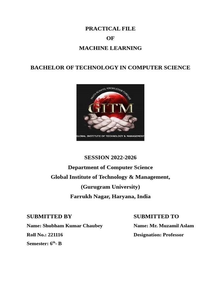 Practical File OF Machine Learning | PDF | Statistical Classification | Cluster Analysis