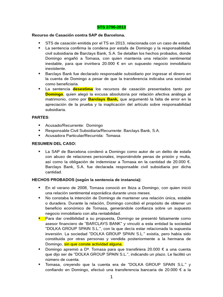 Estafa y Responsabilidad Bancaria en STS 3790-2013 | PDF | Caso de ley ...