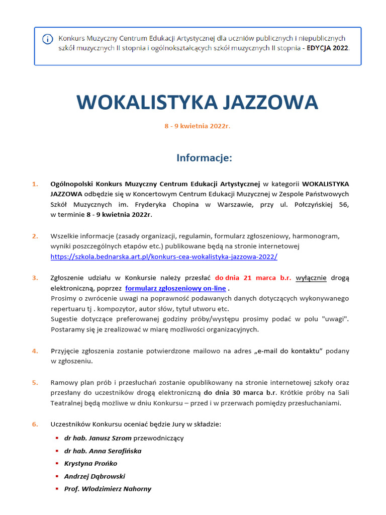 Konkurs CEA Wokalistyka Jazzowa 2022 Informator | PDF