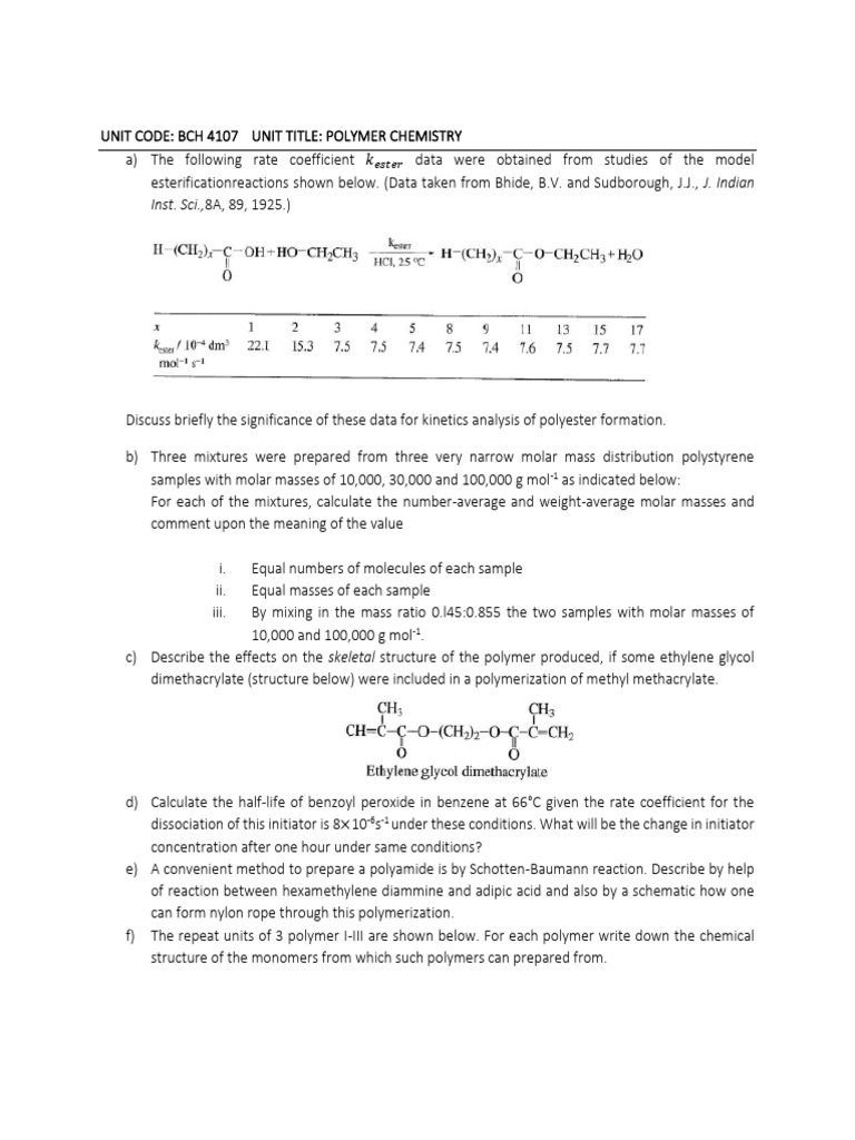 Polymer Chem Problem Set | PDF | Polyester | Polymers