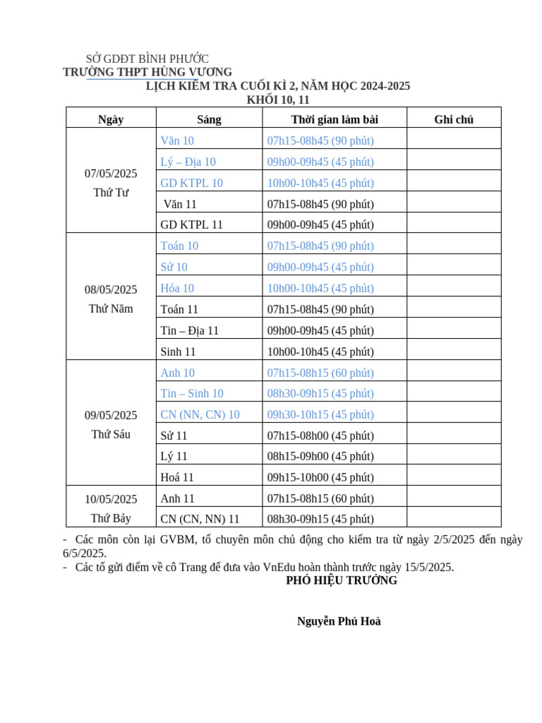 Lich KTra CK2 2024-2025 K10,11 | PDF