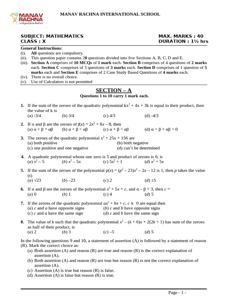 Maths Class X Chapter 02 Polynomials Practice Paper 02 2024 | PDF ...