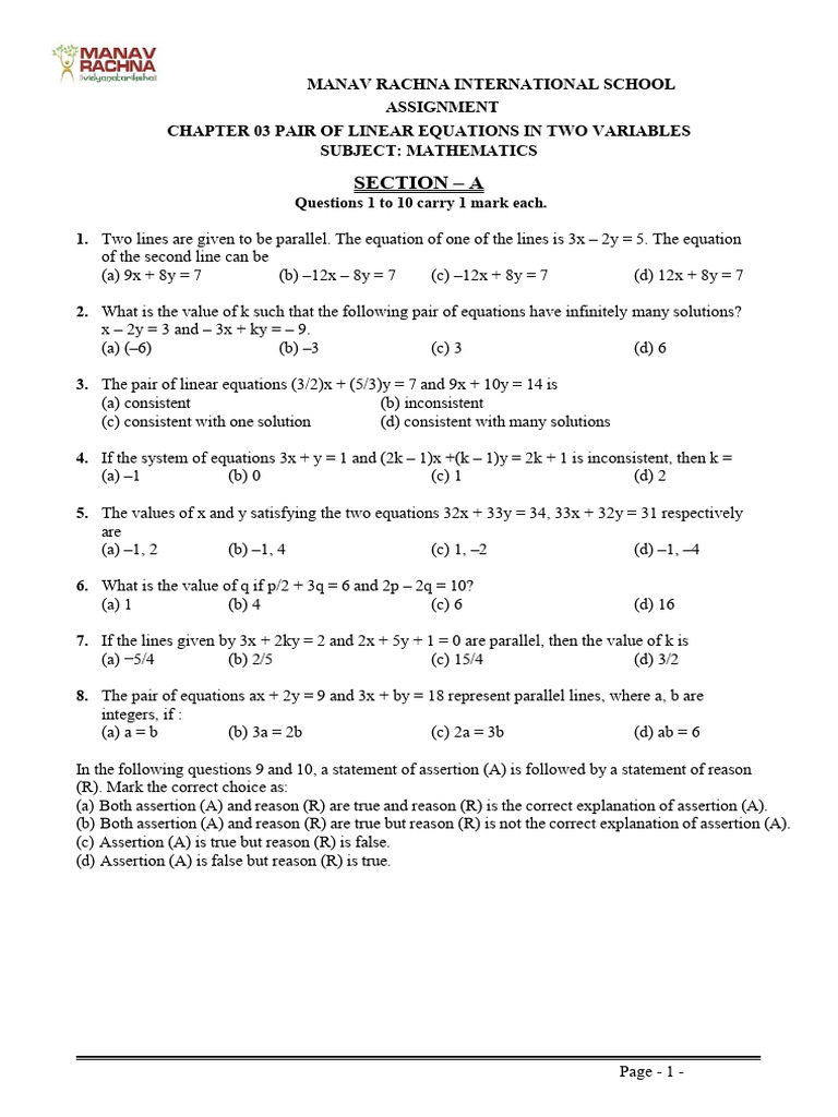 Maths Class X Chapter 03 Linear Equations in Two Variables Practice Paper 03 2025 | PDF ...