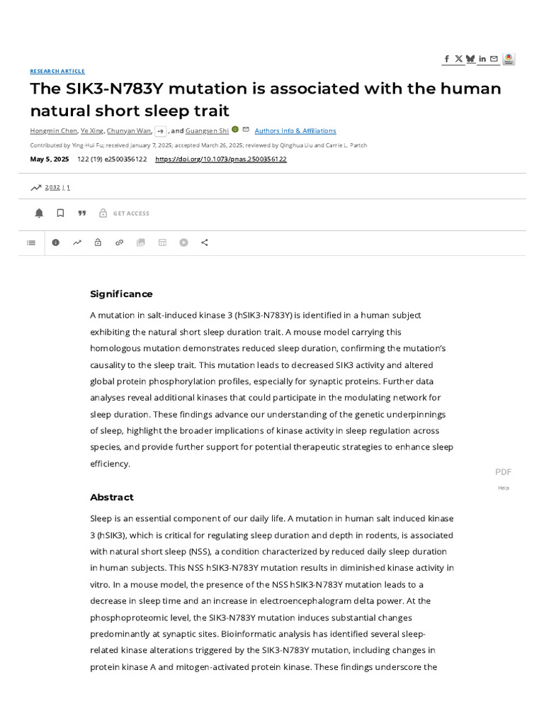 SIK3-N783Y Mutation and Short Sleep Trait | PDF | Mutation | Kinase