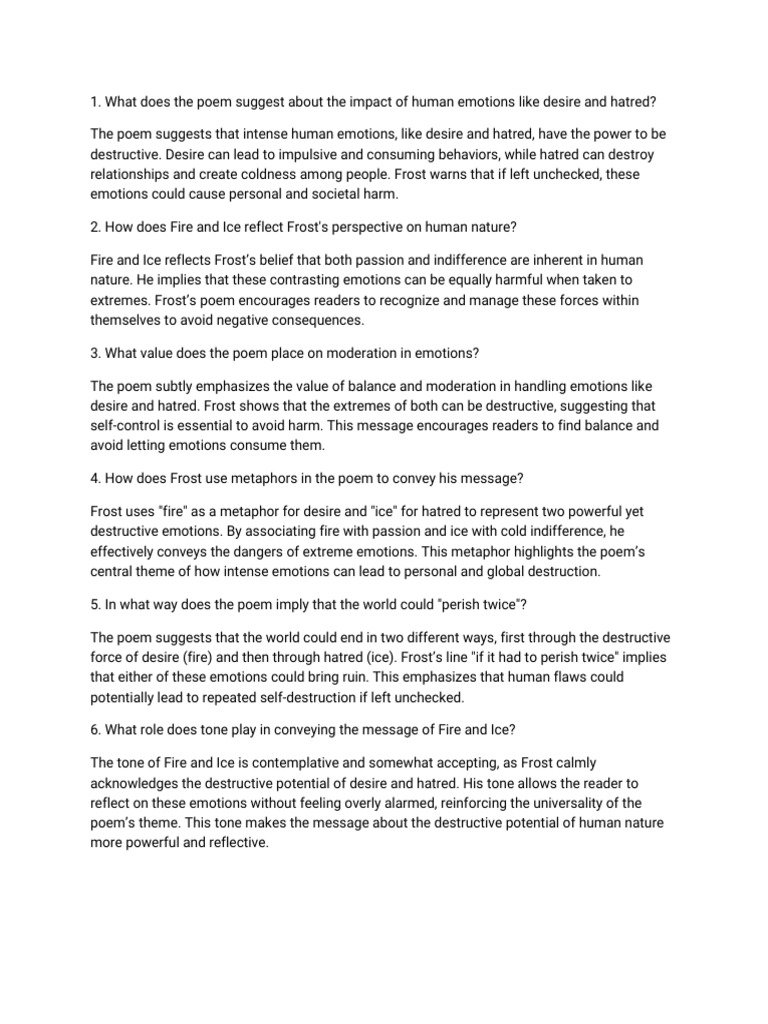 1.2 Fire and Ice Extra Questions | PDF | Emotions | Hatred