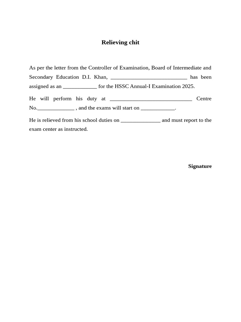 Exam Duty Relieving Chit Template | PDF