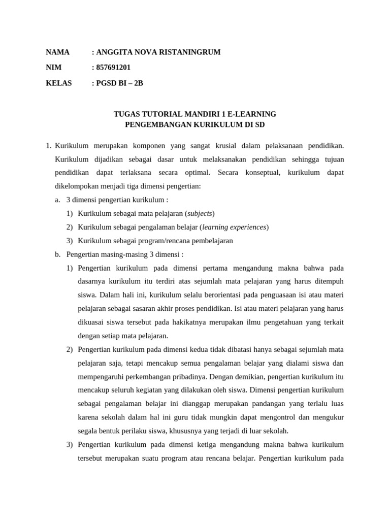 TTM 1 Pengembangan Kurikulum di SD_Anggita Nova R_857691201_PGSDBI_2B | PDF
