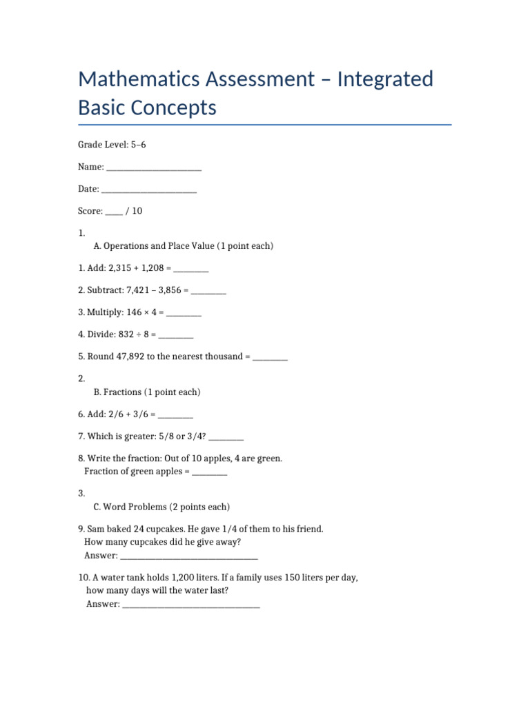 Math Assessment Basic Concepts | PDF