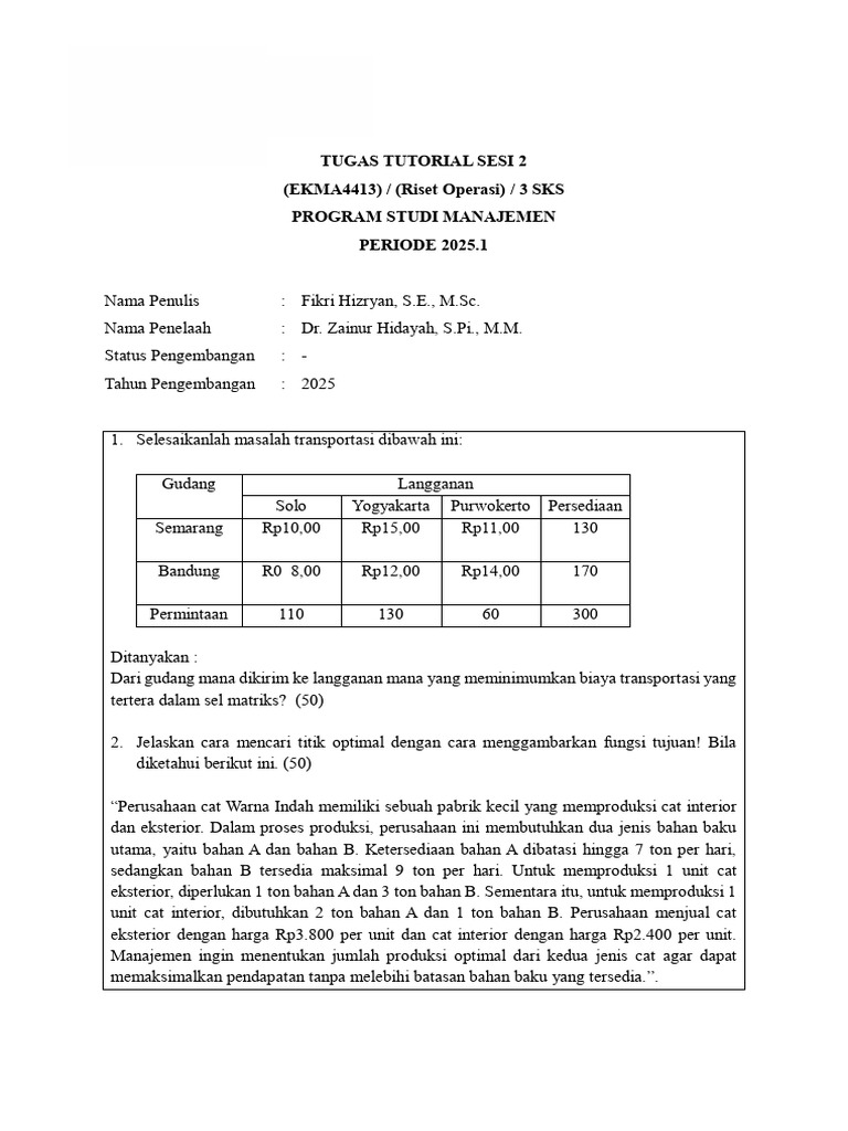 Jawaban Tugas Tutorial Sesi2 Riset Operasi | PDF