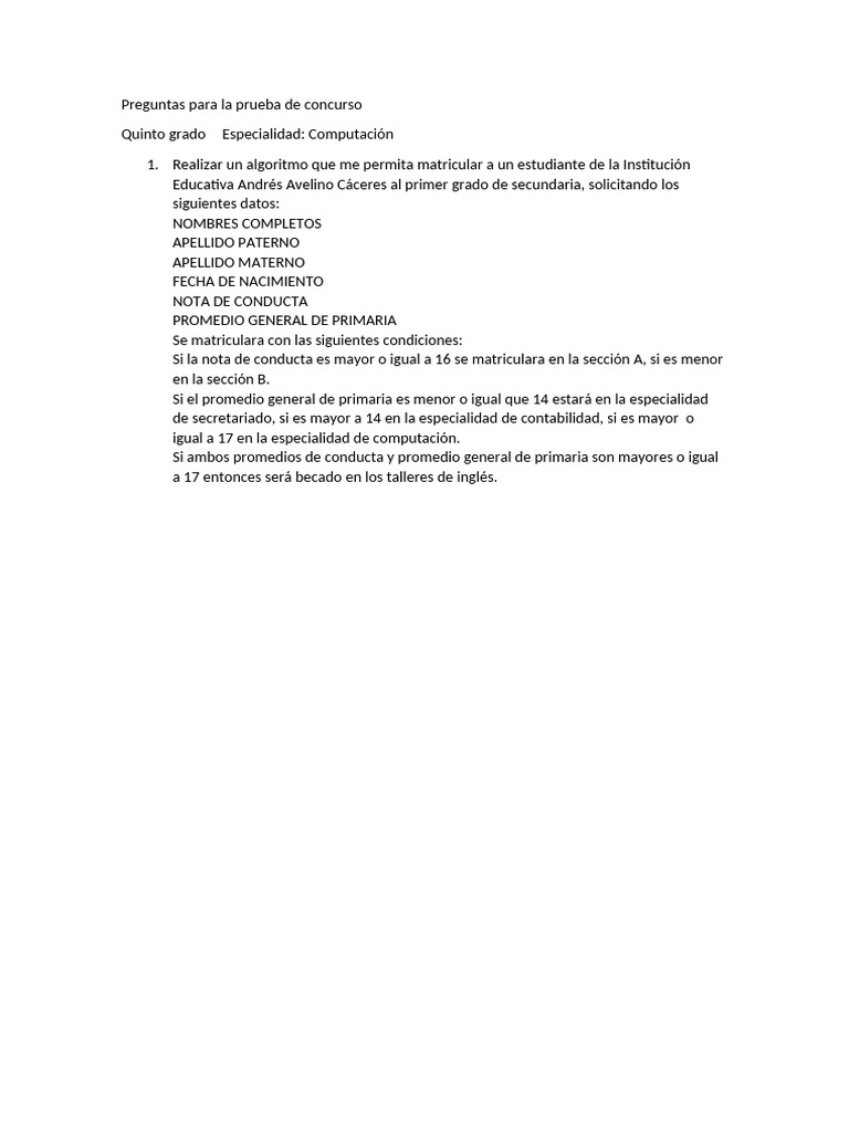 Preguntas para La Prueba de Concurso Quinto Grado | PDF