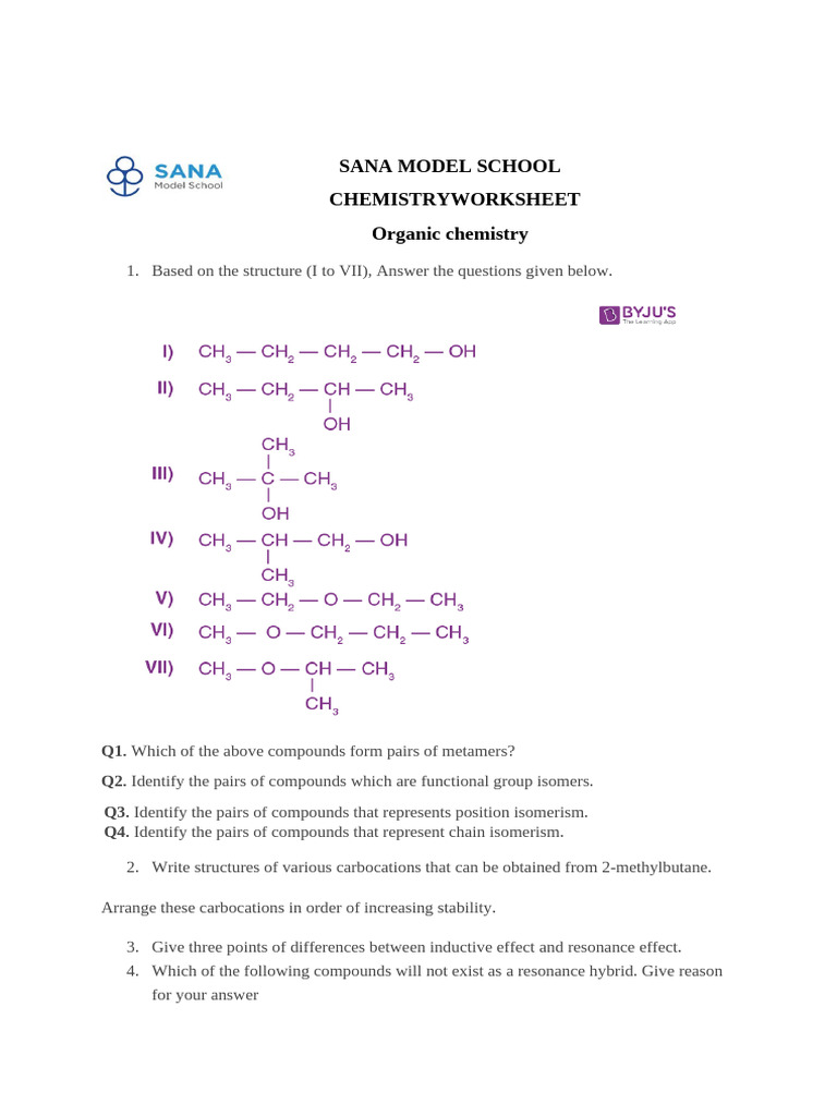 Sana Model School Chemistryworksheet Organic Chemistry: Q1. Q2. Q3. Q4 ...