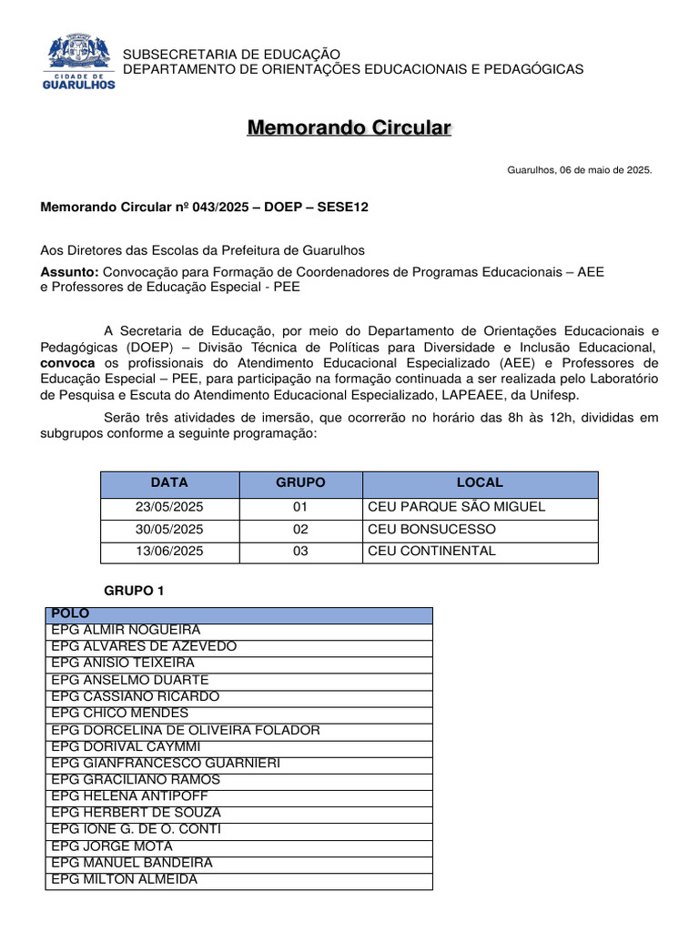 Memorando Circular Nº 43 2025 - Convocação LAPEAE | PDF | Educação ...