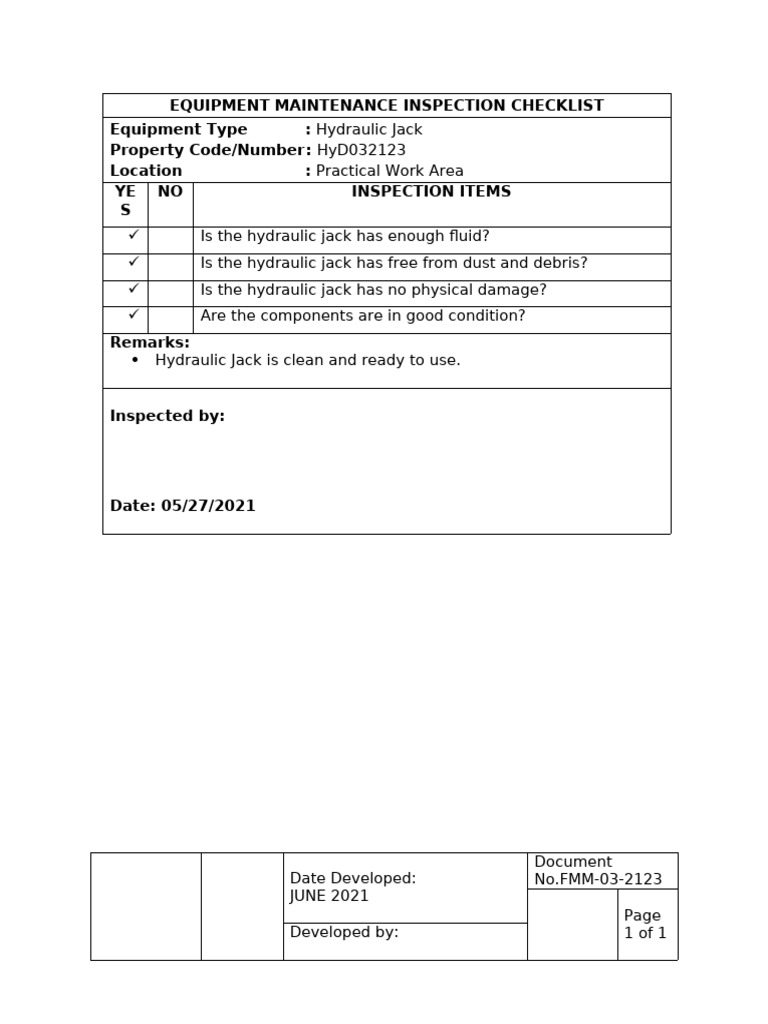 Mtf-Equipment Maintenance Inspection Checklist | PDF