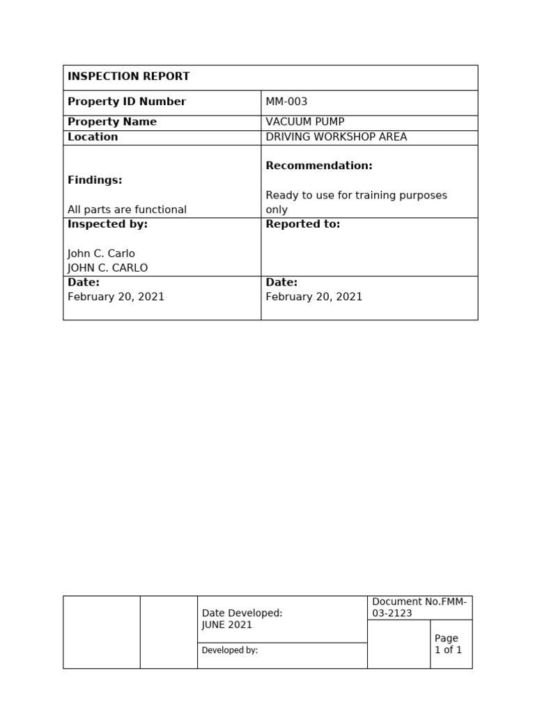 Mtf Inspection Report 2 | PDF