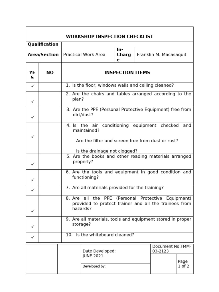 MTF -WORKSHOP INSPECTION CHECKLIST | PDF