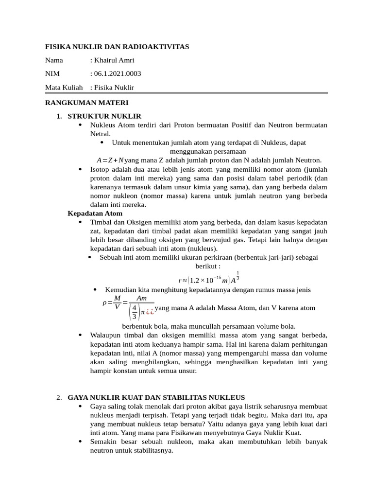 Rangkuman dan Tugas Fisika Nuklir 25 Apr 2025 - Khairul Amri | PDF