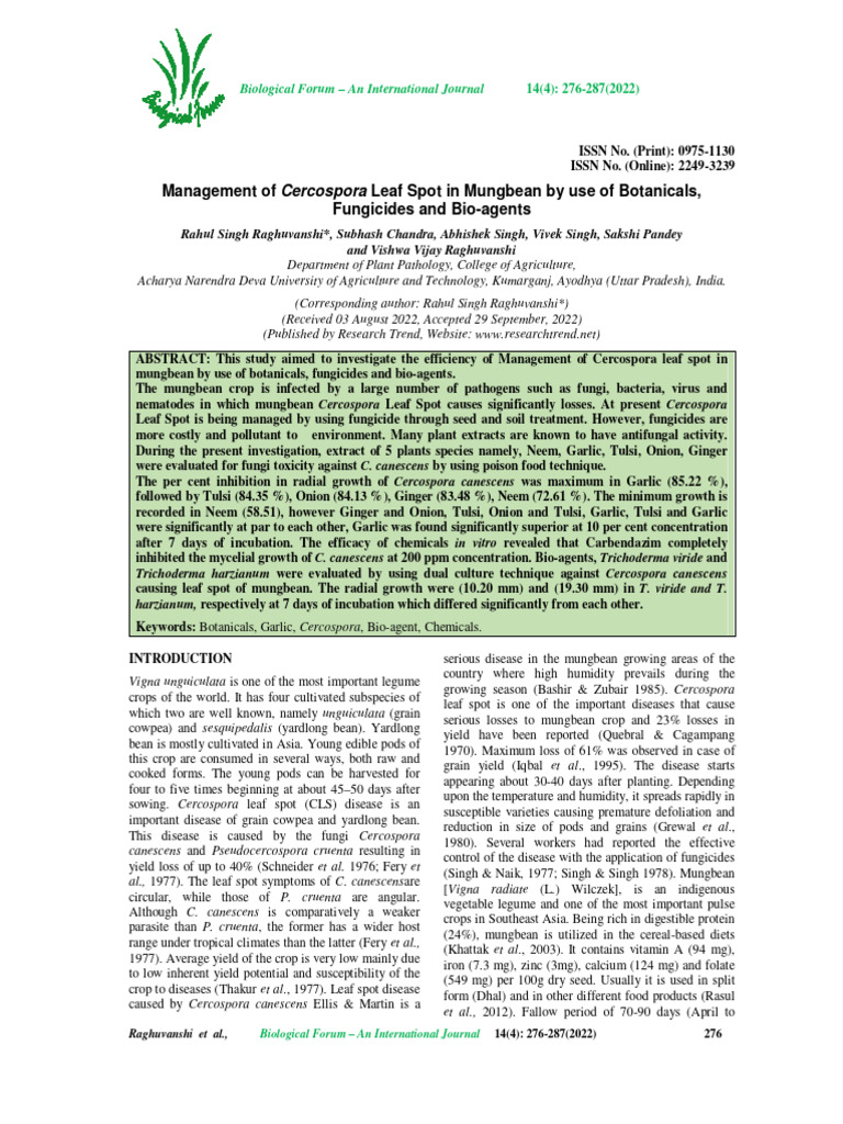 48 Management of Cercospora Leaf Spot in Mungbean by Use of Botanicals, Fungicides and Bio ...