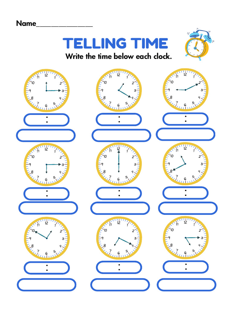 Telling Time Clocks Math Worksheet in Blue and Yellow Simple Style | PDF