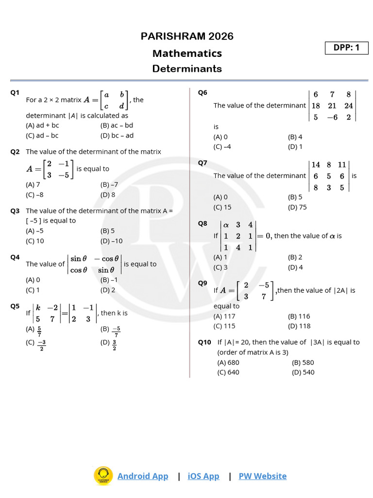Parishram 2026 Determinants: Mathematics | PDF | Determinant | Matrix Theory