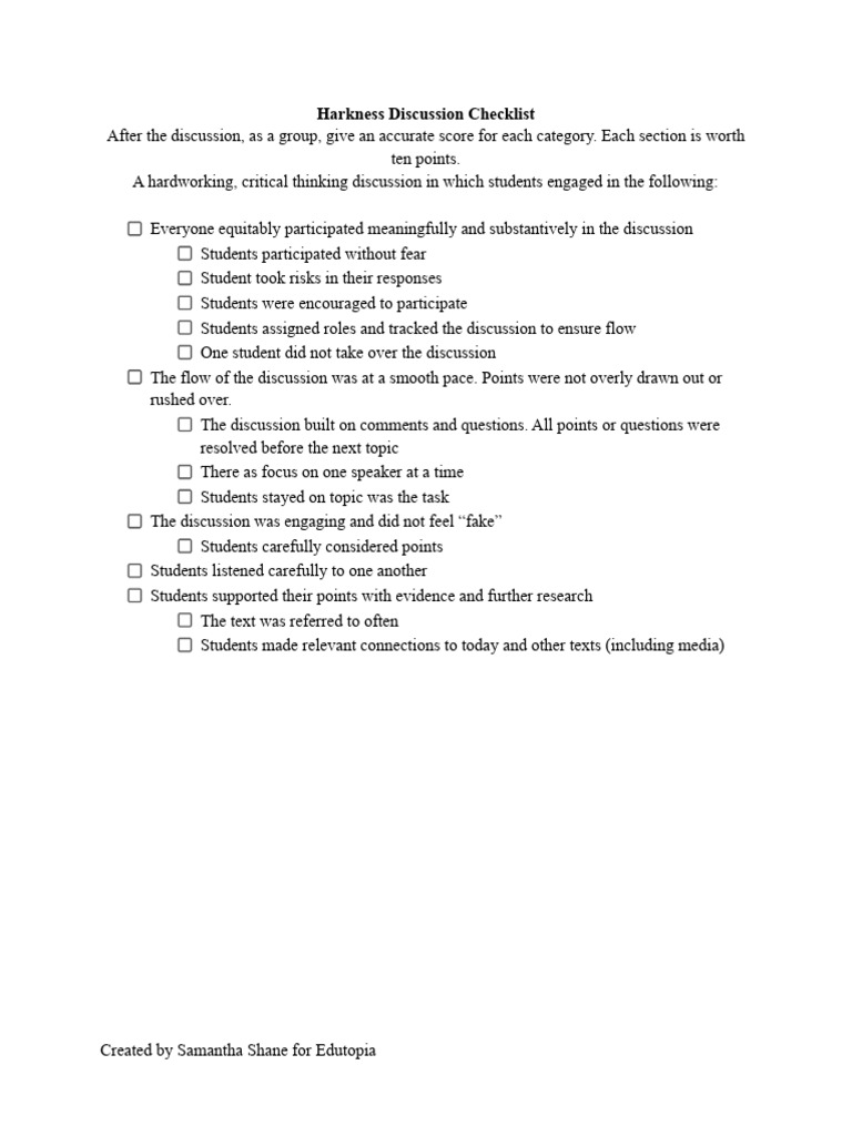 Harkness Discussion Evaluation Checklist | PDF