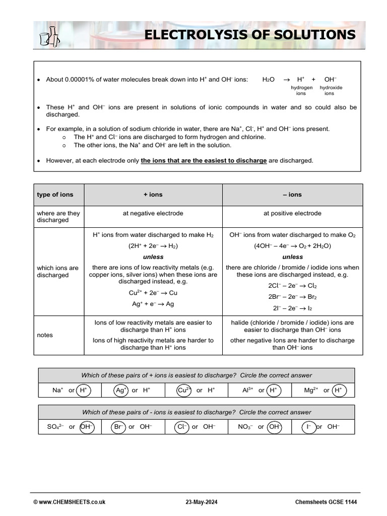 Electrolysis of Solutions ANS | PDF | Ion | Hydroxide