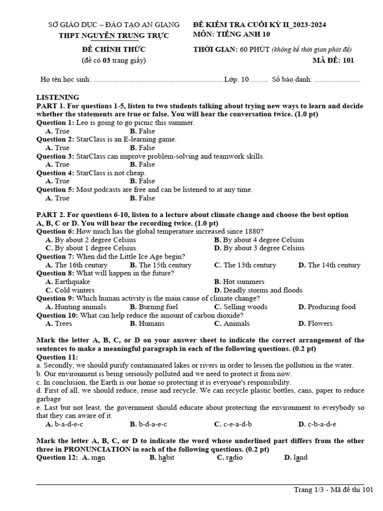 K10 - CK2 - Trung TR C - An Giang - 2324 - Form 2025 | PDF | Climate Change | Pollution