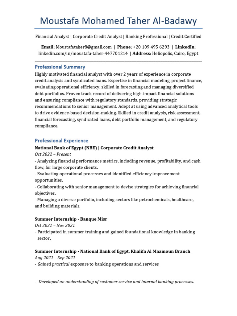 Moustafa Taher Curriculum Vitae | PDF | Financial Analyst | Banks