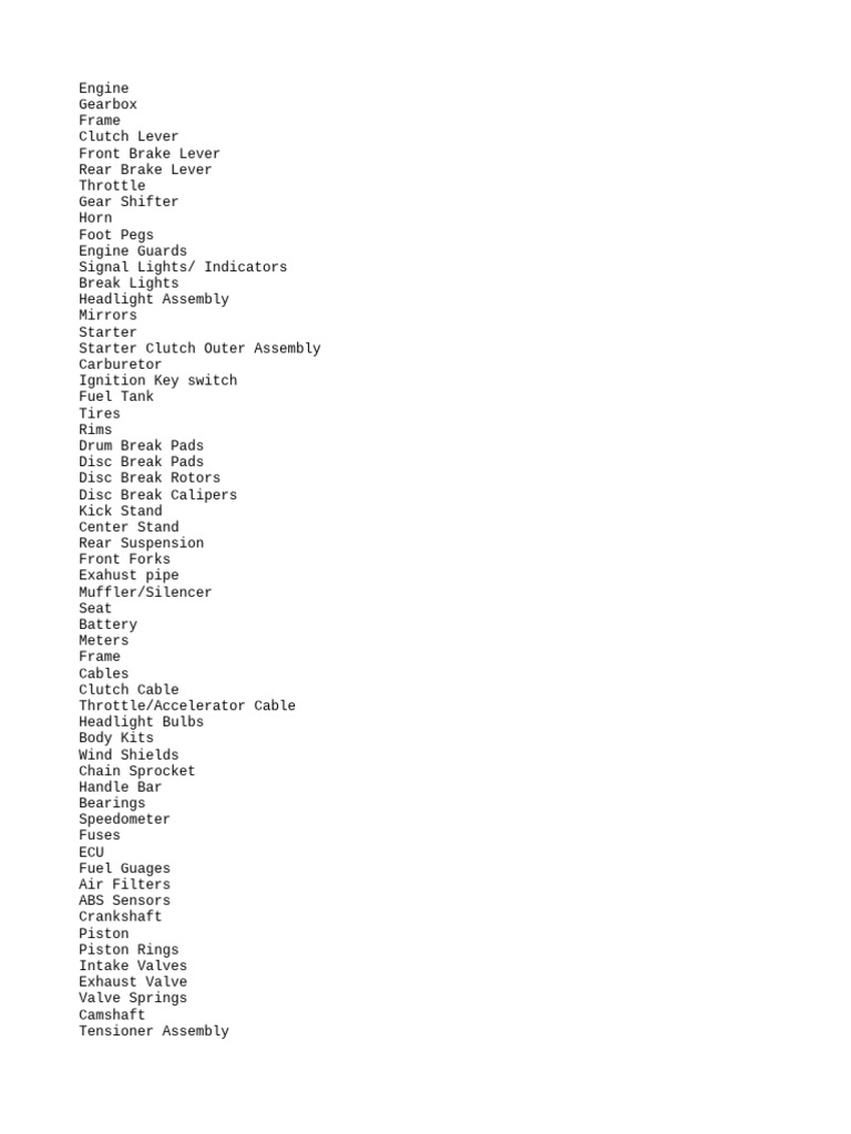 Comprehensive Bike Parts List PDF | PDF