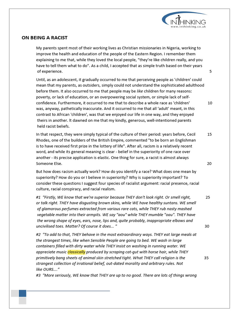 On Being A Racist Worksheet | PDF | Racism | Discrimination & Race ...