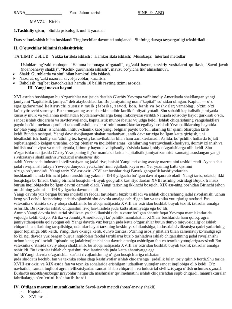 9-Sinf 2024 Jahon Tarixi Tayyori | PDF