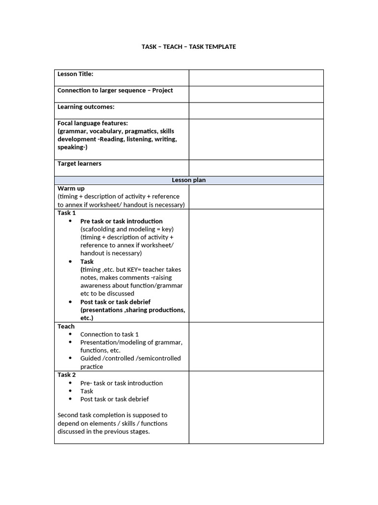 Lesson Plan Template for Task-Based Learning | PDF