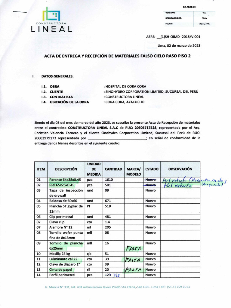 Acta Recp A Lineal | PDF