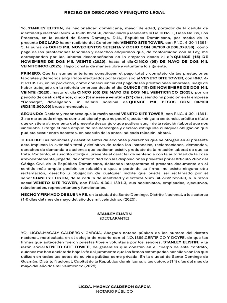 Recibo de Descargo y Finiquito Legal - Stanely | PDF