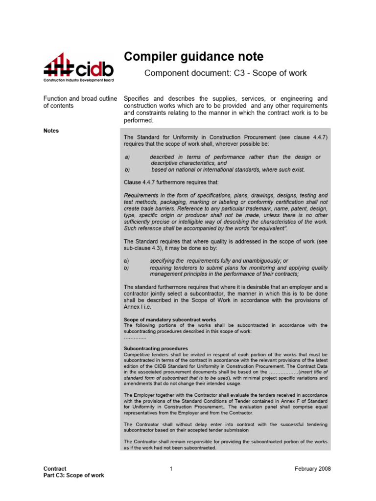 CIDB Specification Guidance C.3 ScopeofWork | PDF | Specification (Technical Standard ...
