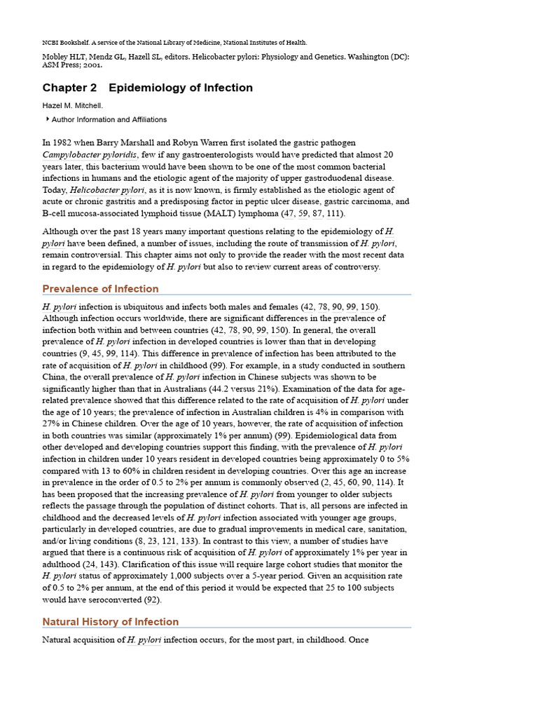 Epidemiology of Infection - Helicobacter Pylori - NCBI Bookshelf | PDF | Medical Specialties ...