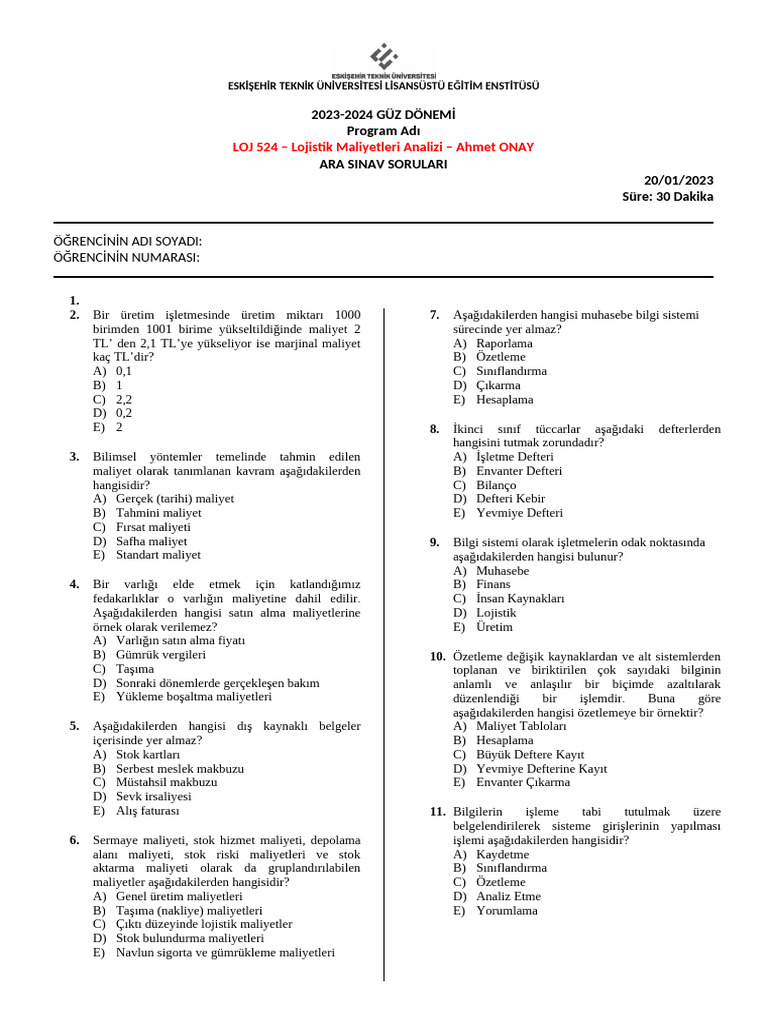 LOJ 524 Lojistik Maliyetleri Analizi | PDF