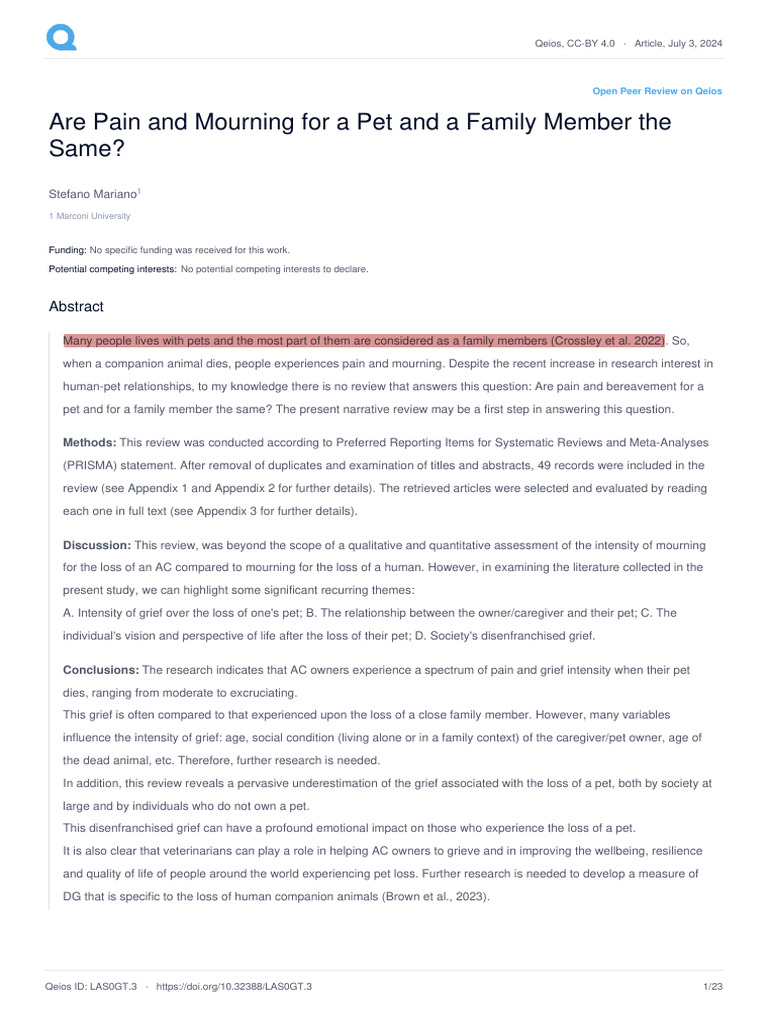 Are Pain and Mourning for a Pet and a Family Member the | PDF | Grief | Pet