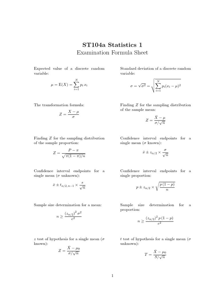 Statistics Exam 1 Formula Sheet | PDF | Sample Size Determination ...