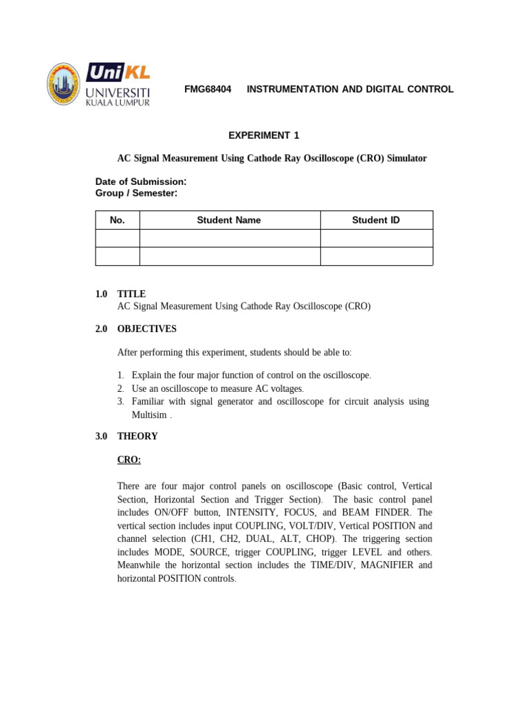 Lab 1 FMG68404 - AC Signal Measurement Using CRO (Multisim Simulation ...