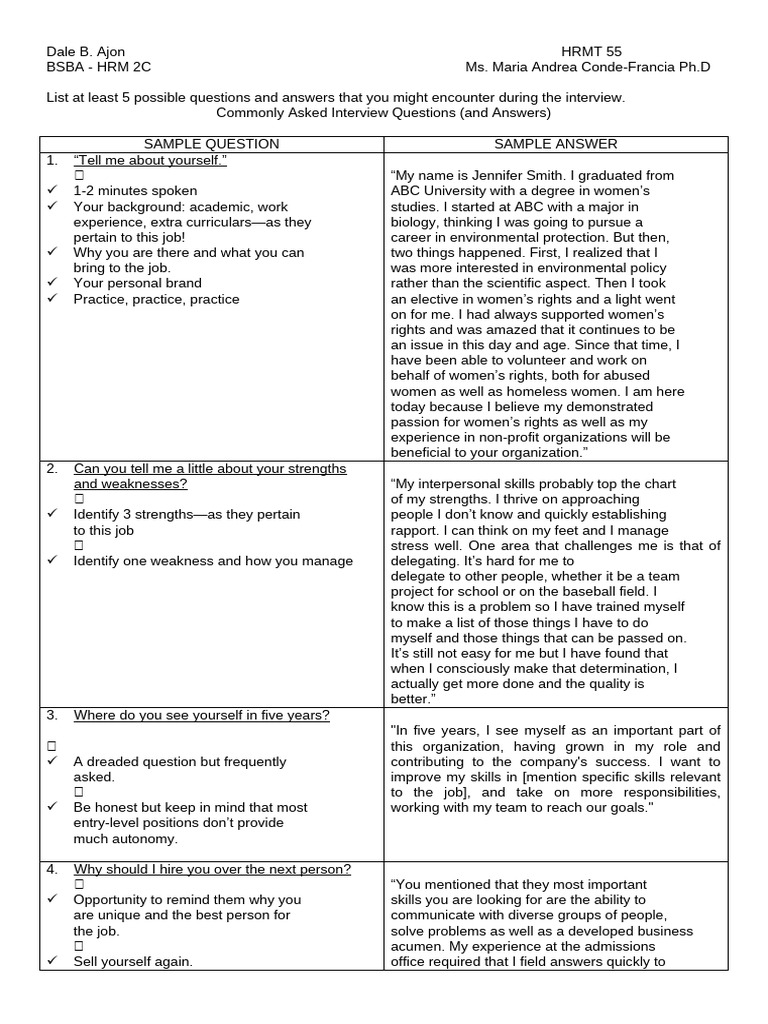 5 Sample of Question and Answer For Interview | PDF | Psychology ...