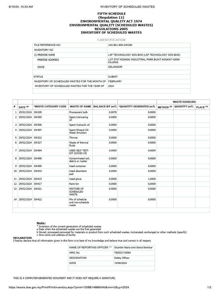 Inventory of Scheduled Wastes | PDF | Waste | Materials