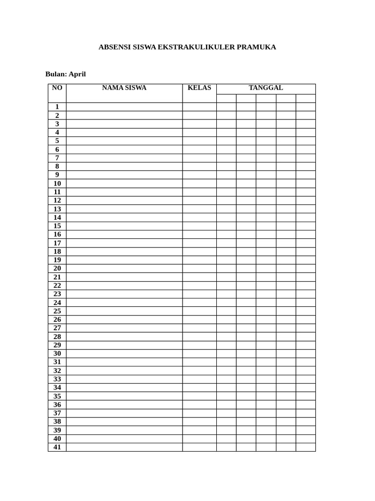 Absensi Siswa Ekstrakulikuler Pramuka | PDF