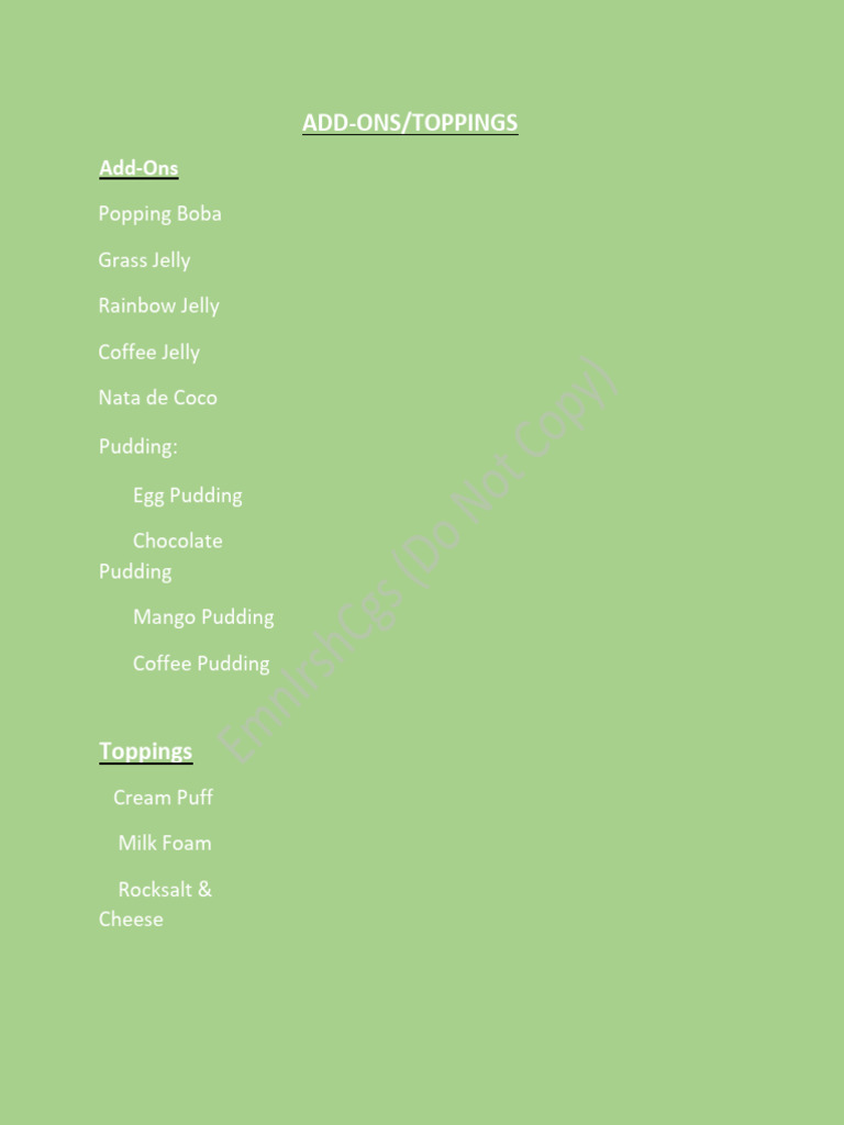 Milk Tea Add-Ons and Toppings List | PDF