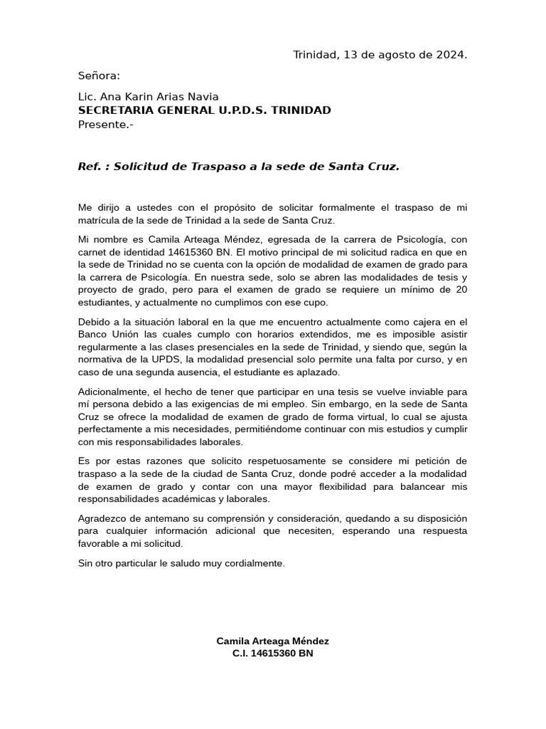 Solicitud de Traspaso a Santa Cruz | PDF