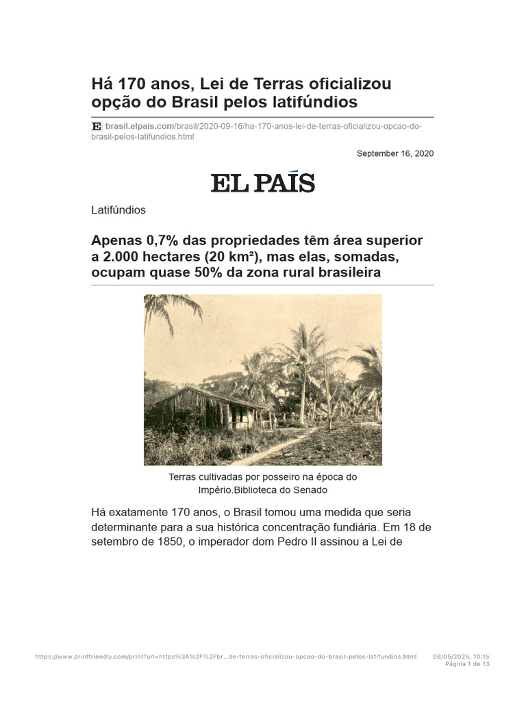 Há 170 Anos, Lei de Terras Oficializou Opção Do Brasil Pelos ...