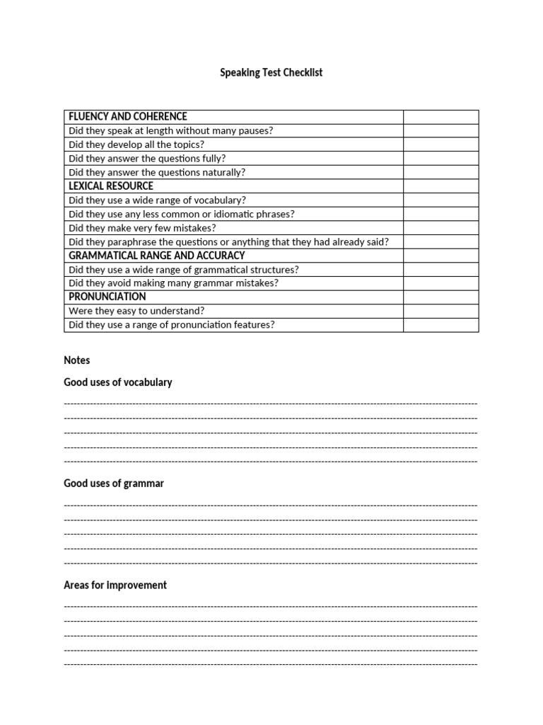 Speaking Test Evaluation Checklist | PDF | Grammar | Fluency